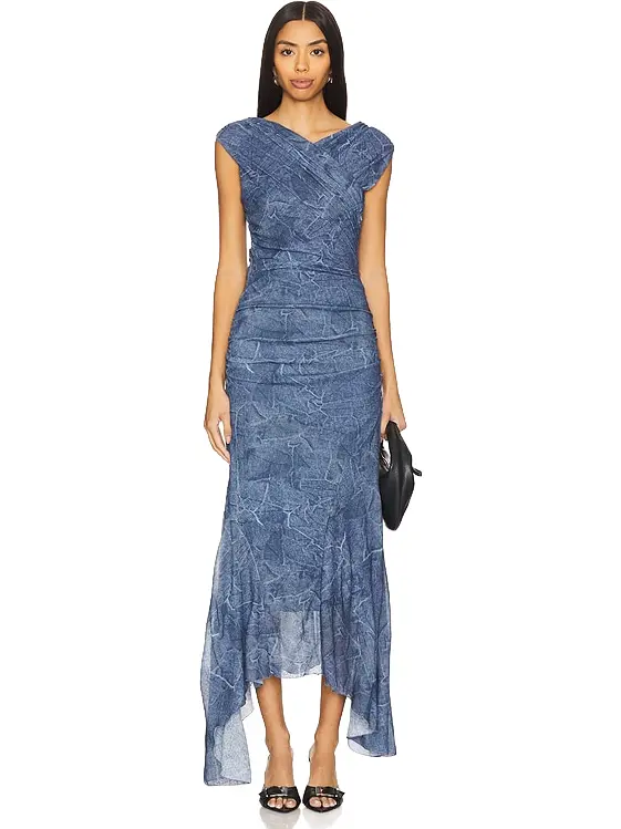 GANNI Marl Mesh Long Ruched Crossover Dress - Denim