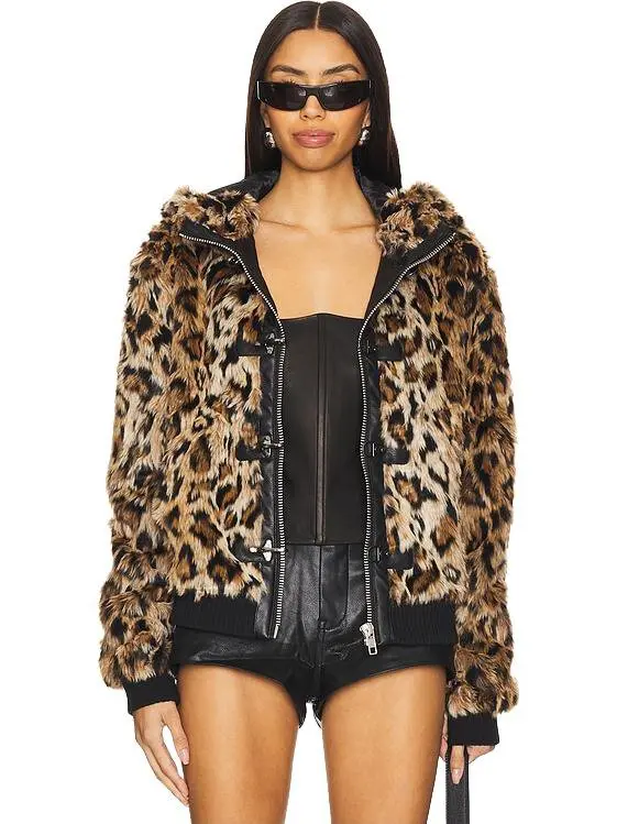 JADED LONDON Hooded Faux Fur Jacket - Leopard