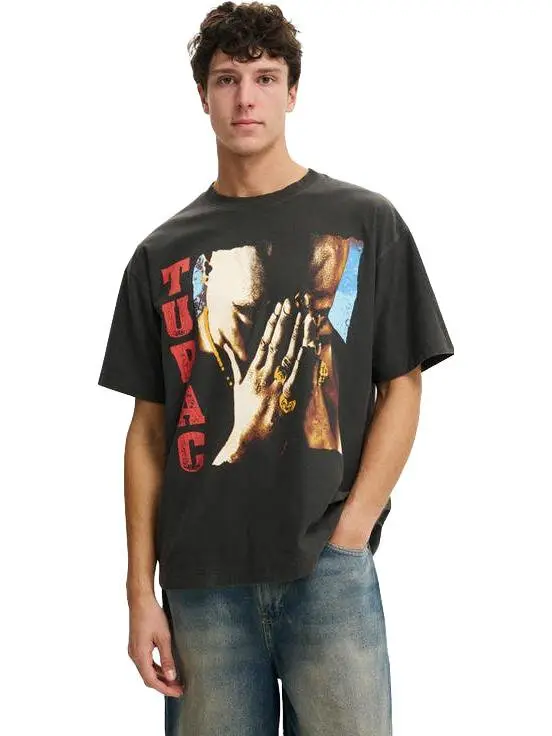 COTTON ON Box Fit Premium Music T-shirt - Faded Slate  Tupac -