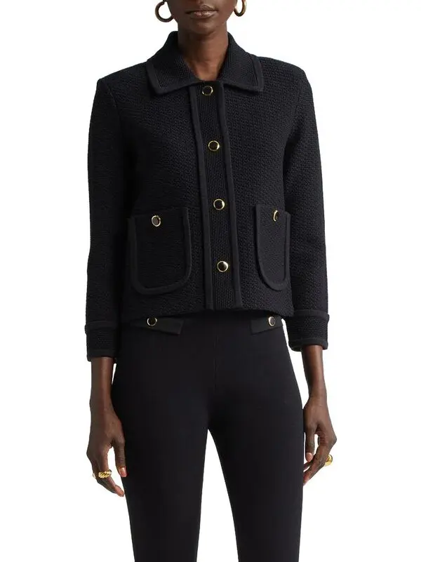 St. John Mixed Texture Knit Crop Jacket - Black