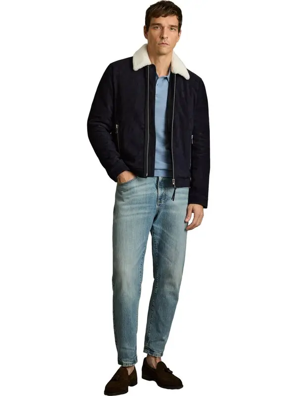 REISS Sandon Suede Jacket With Shearling Collar - Navy