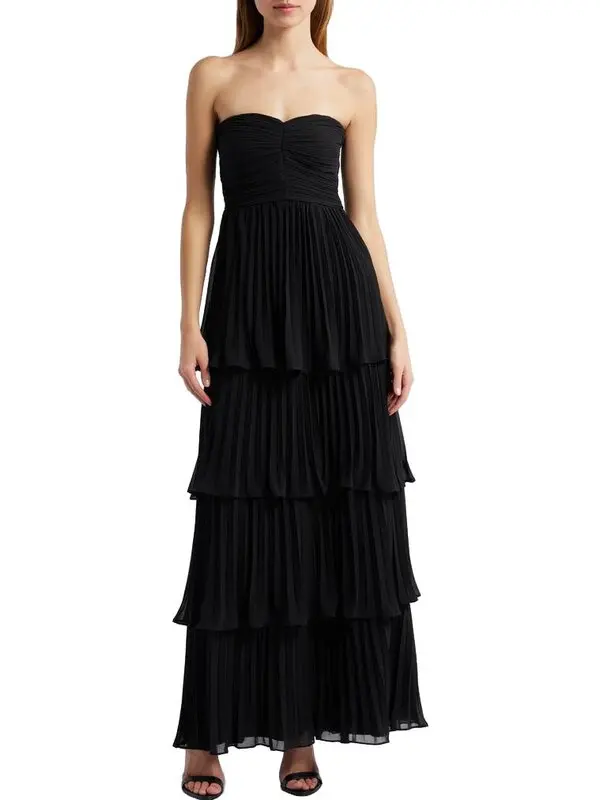 Lulus Strapless Pleated Tiered Gown - Black