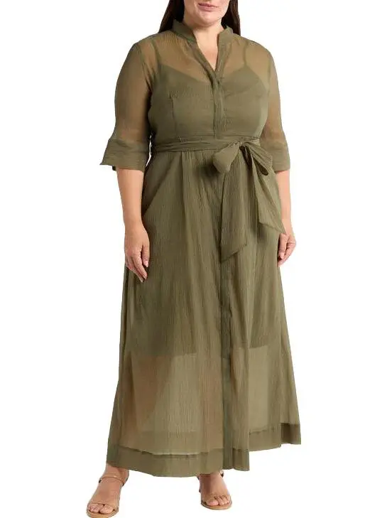 MELLODAY Chiffon Maxi Shirtdress - Olive