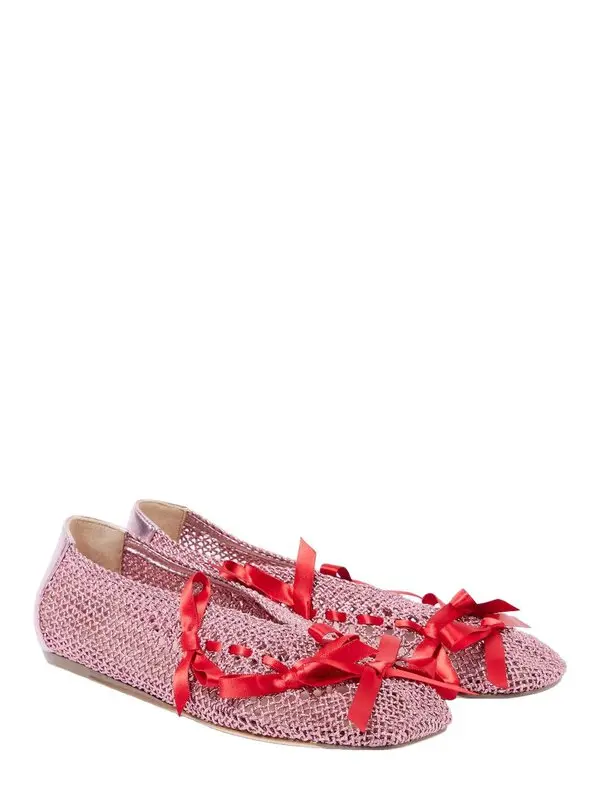 Simone Rocha Red Bow Detail Crochet Ballet Flats - Pink