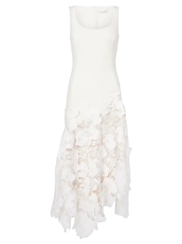 Oscar De La Renta Tweed And Guipure Midi Dress - White