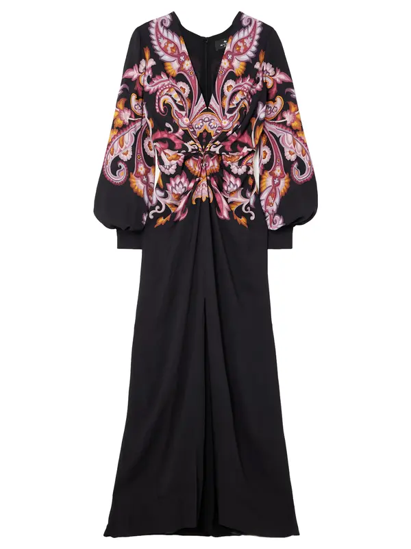 Etro Gathered Printed Crepe De Chine Maxi Dress - Black