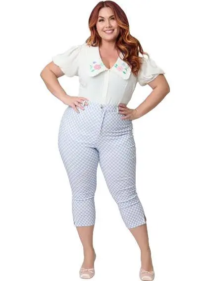 Unique Vintage Rachelle Capri Pants - Baby Blue Gingham Print