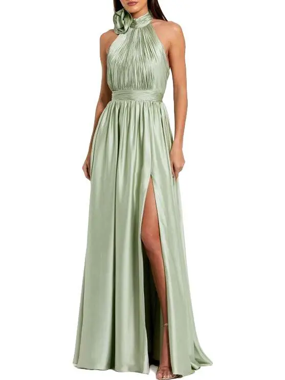 Mac Duggal Soft Tie Halter Neck High Slit Gown - Sage