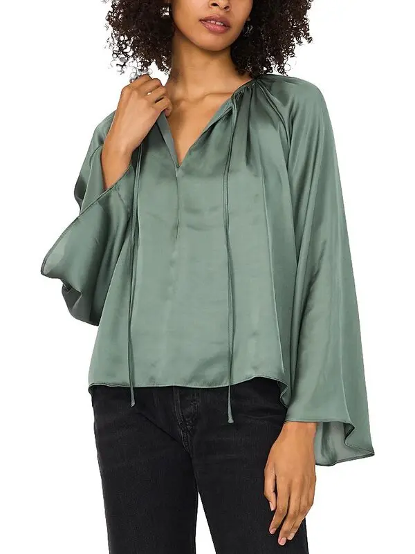 1.State Tie Neck Wide Sleeve Satin Top - Dark Forest