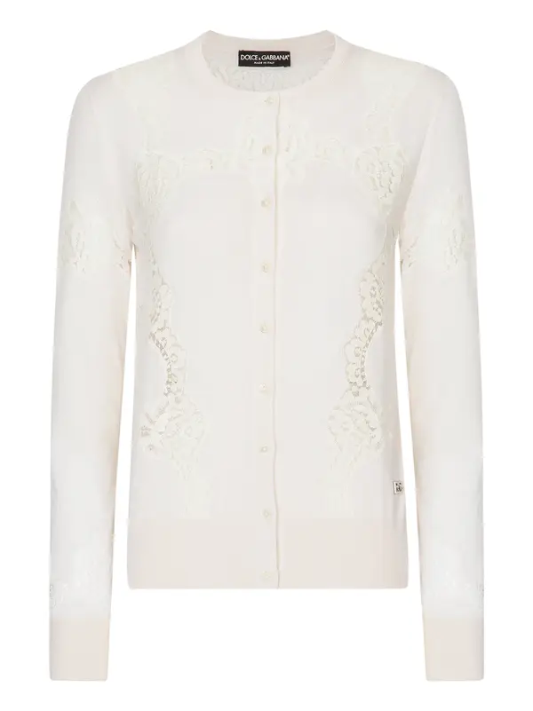 Dolce & Gabbana Cashmere And Silk Cardigan With Lace Inlay - White