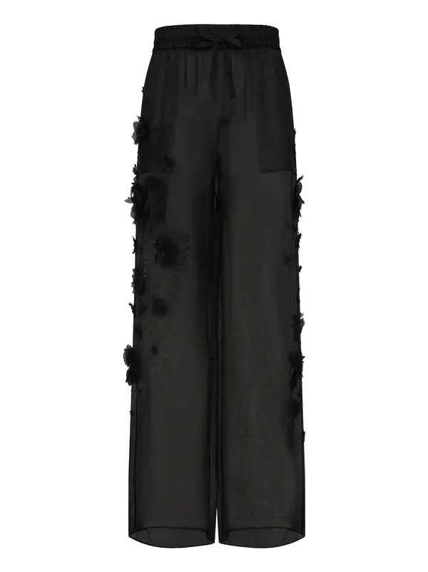 Dolce & Gabbana Silk Organza Jogging Pants With Embroidery - Black
