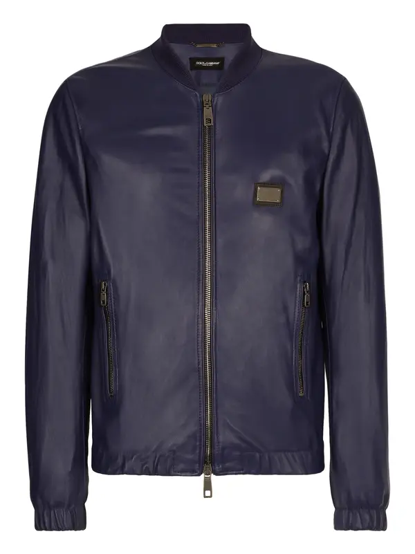 Dolce & Gabbana Leather Jacket With Logo Tag - Blue