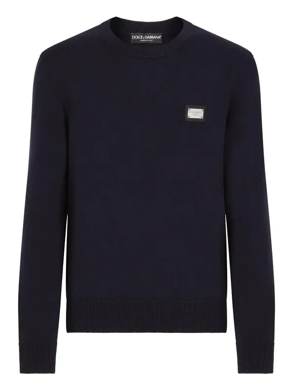 Dolce & Gabbana Wool Round-neck Sweater With Branded Tag - Blue