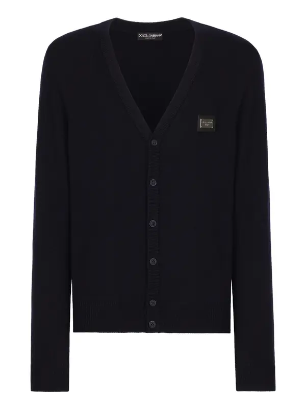 Dolce & Gabbana Cashmere And Wool Cardigan With Logo Tag - Blue