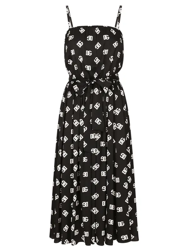 Dolce & Gabbana Charmeuse Calf-length Dress With Dg Logo - Print