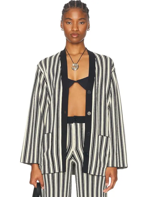 SIMONMILLER Max Belted Knit Cardigan - Black & Rice Flour Stripe