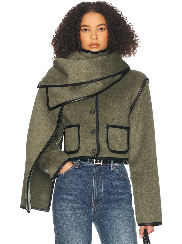 HELSA Boxy Jacket With Detachable Scarf - Olive Melange