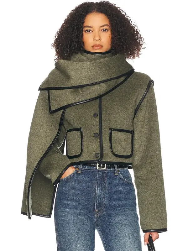 HELSA Boxy Jacket With Detachable Scarf - Olive Melange