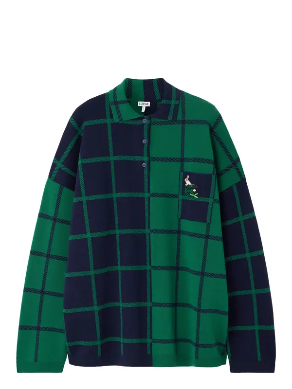 Loewe Suna Fujita Embroidered Checked Knitted Polo Shirt - Green