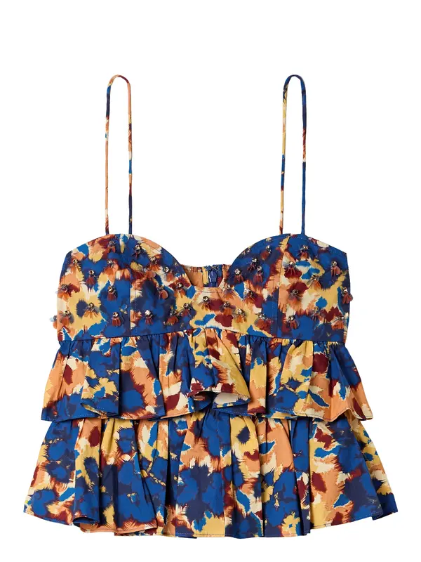 Ulla Johnson Lucia Ruffled Embellished Printed Top - Blue
