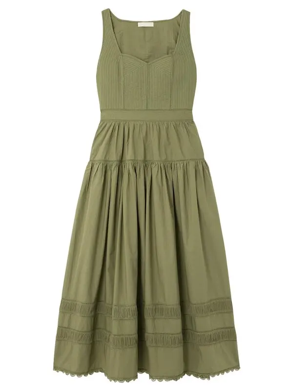 Ulla Johnson Isadora Tiered Lace-trimmed Cotton-poplin Midi Dress - Green