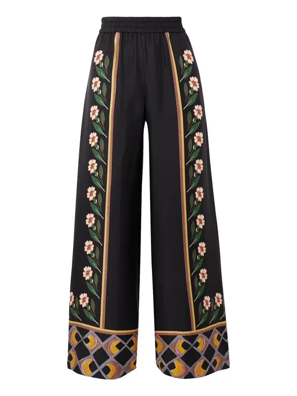 La DoubleJ Icon Palazzo Printed Silk-twill Pants - Black