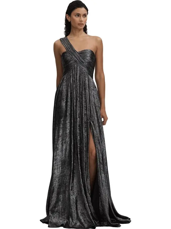 AMUR Metallic One-shoulder Maxi Dress - Dark Grey