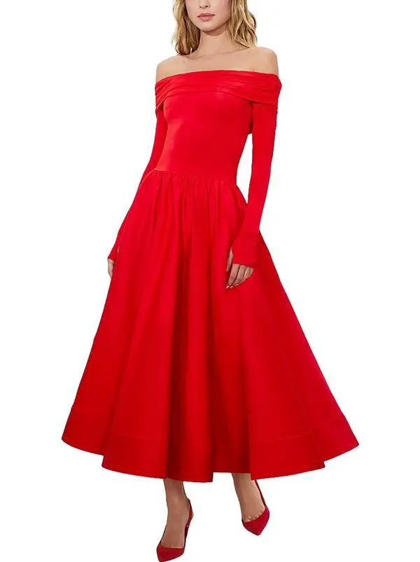 Alice + Olivia Chara Off-the-shoulder Dress - Bright Ruby