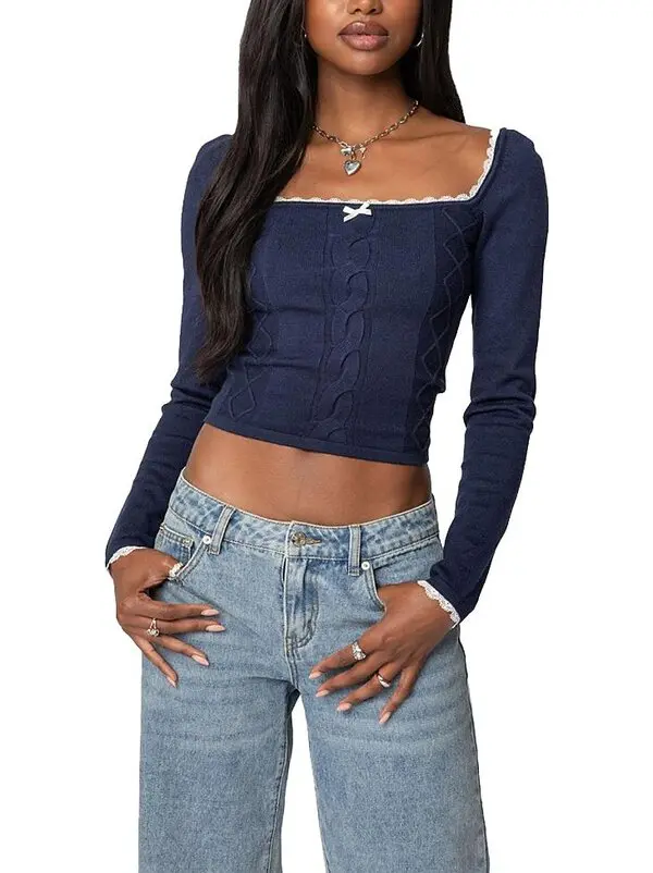 EDIKTED Ansley Lacey Cable Knit Top - Navy