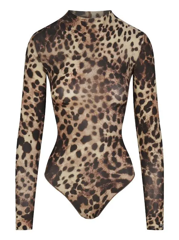 SKIMS X Dolce&gabbana Milky Sheer Mock Neck Bodysuit - Leopard