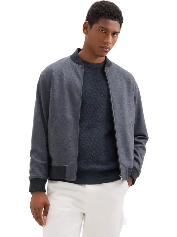 Theory Bomber Jacket In Wool-blend Knit - Dark Ash Melange