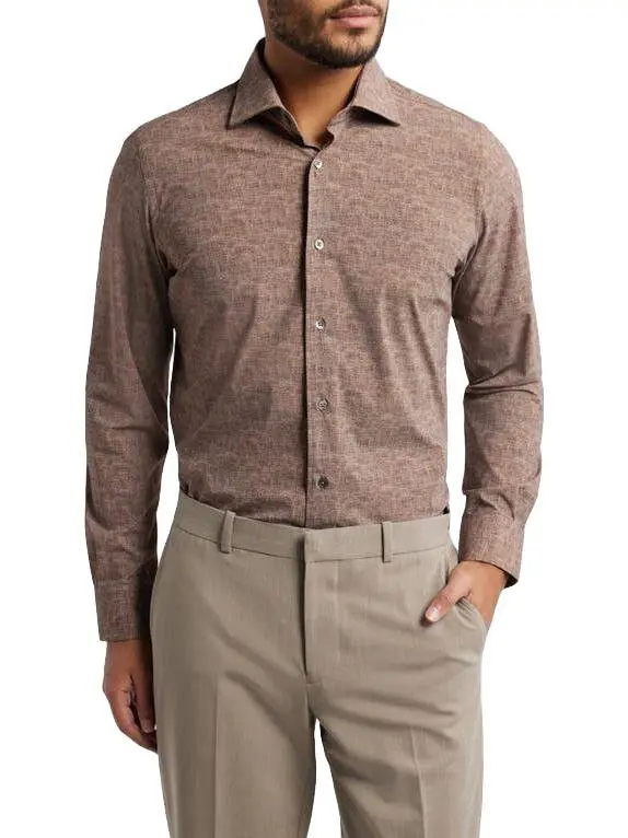 Zanella Jagged Heathered Herringbone Print Knit Nylon Blend Dress Shirt - Brown
