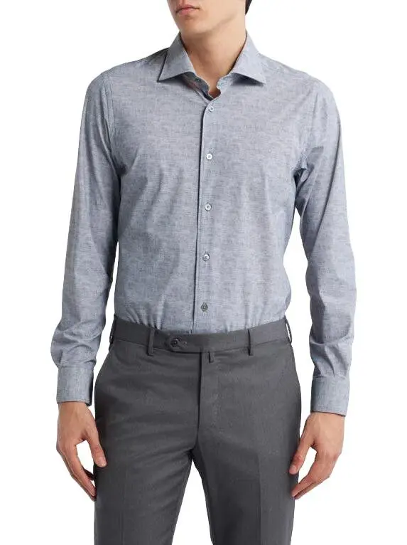 Zanella Jagged Heathered Herringbone Print Knit Nylon Blend Dress Shirt - Grey