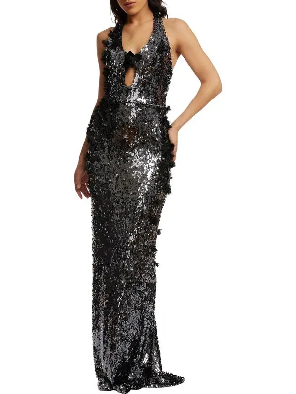 Dress The Population Priscilla Sequin Halter Gown - Gunmetal