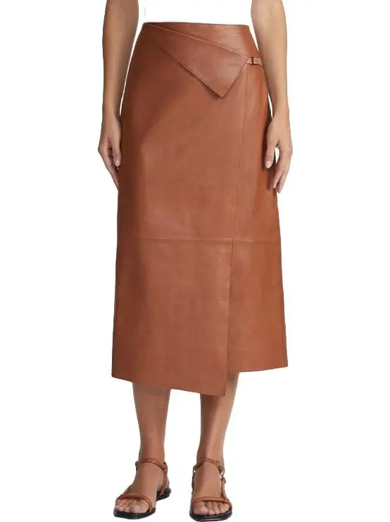 Lafayette 148 New York Asymmetric Paneled Leather Midi Skirt - Copper
