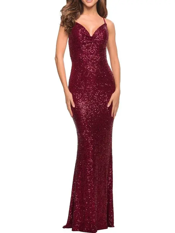 LABOMME Soft Sequin Gown With Lace-up Back - Wine