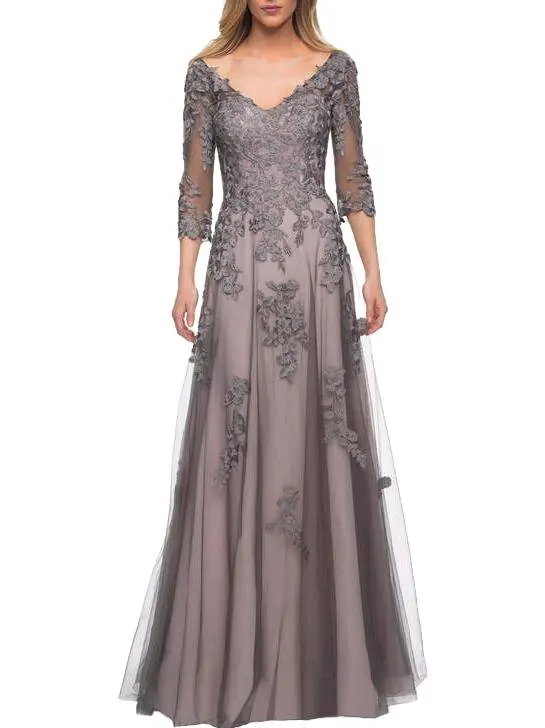 LABOMME Lace A-line Gown With Sleeves - Pink/gray