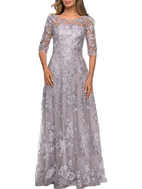 LABOMME Cap Sleeve Evening Gown With Lace - Lavender/gray