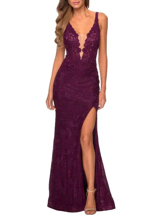 LABOMME Long Lace Dress With Plunging Neckline - Dark Berry