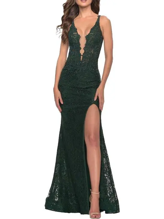 LABOMME Long Lace Dress With Plunging Neckline - Dark Emerald