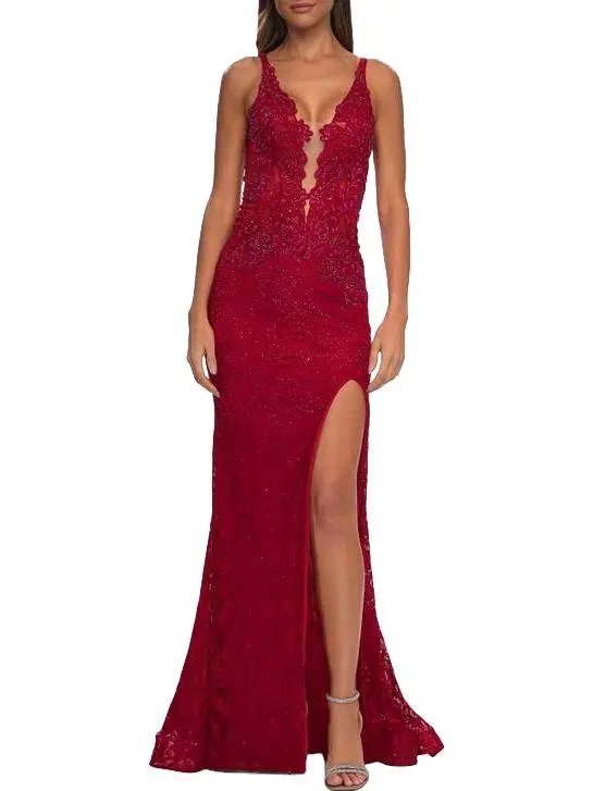La Femme Long Lace Dress With Plunging Neckline - Red