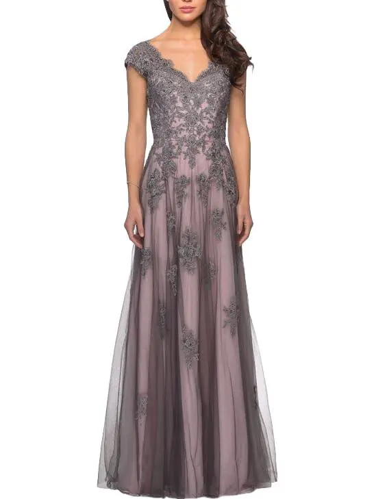 LABOMME Tulle Evening Gown With Embroidery And Cap Sleeves - Pink/gray