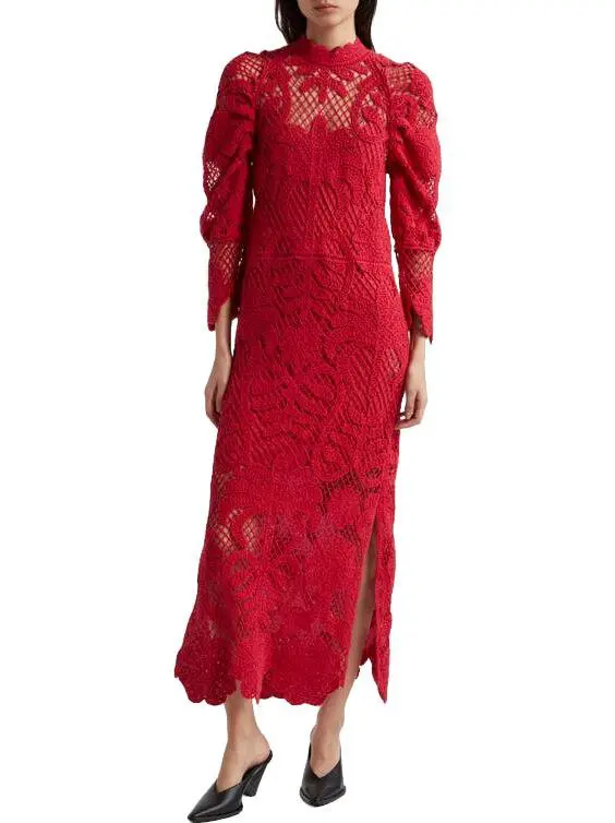 Farm Rio Long Sleeve Lace Knit Midi Dress - Red