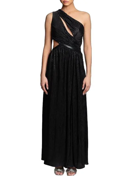GHRAIL Chelsea Cutout One-shoulder Metallic Gown With Faux Leather Trim - Black