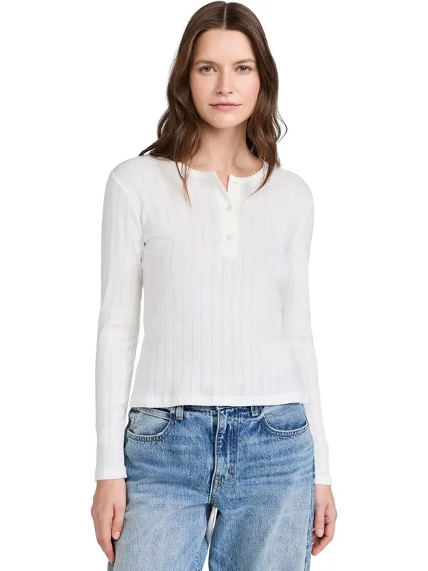 LESET Pointelle Long Sleeve Henley - White