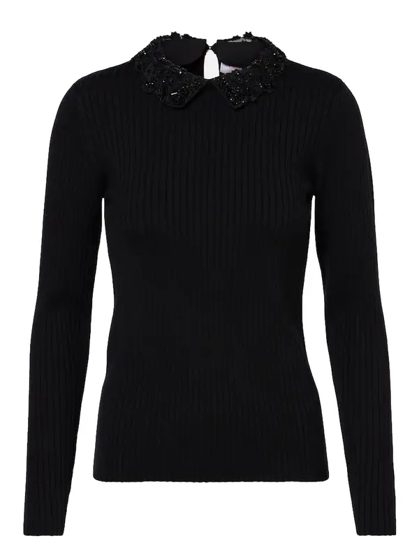 Carolina Herrera Embellished Ribbed-knit Top - Black