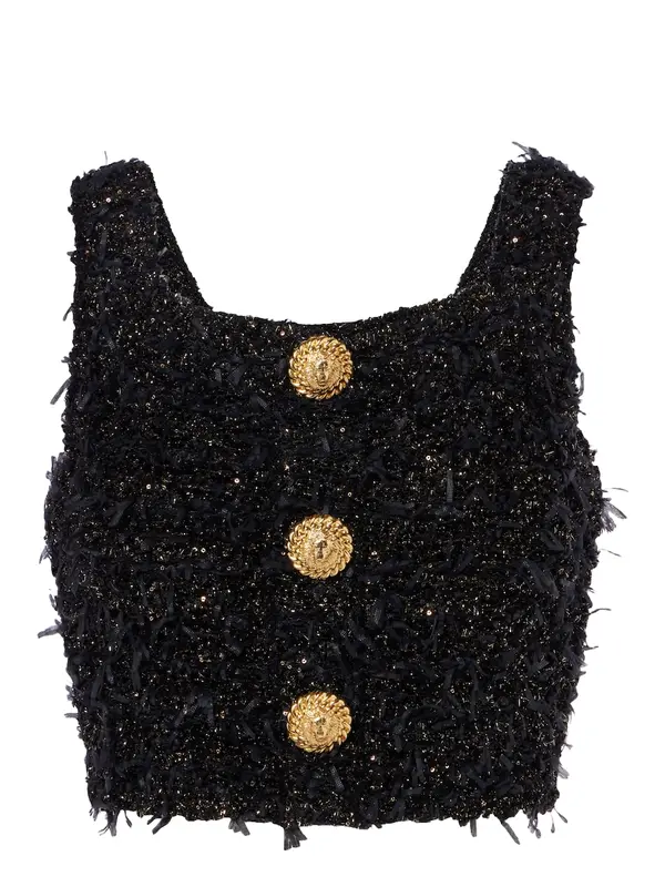 Balmain Lamé Tweed Crop Top - Black