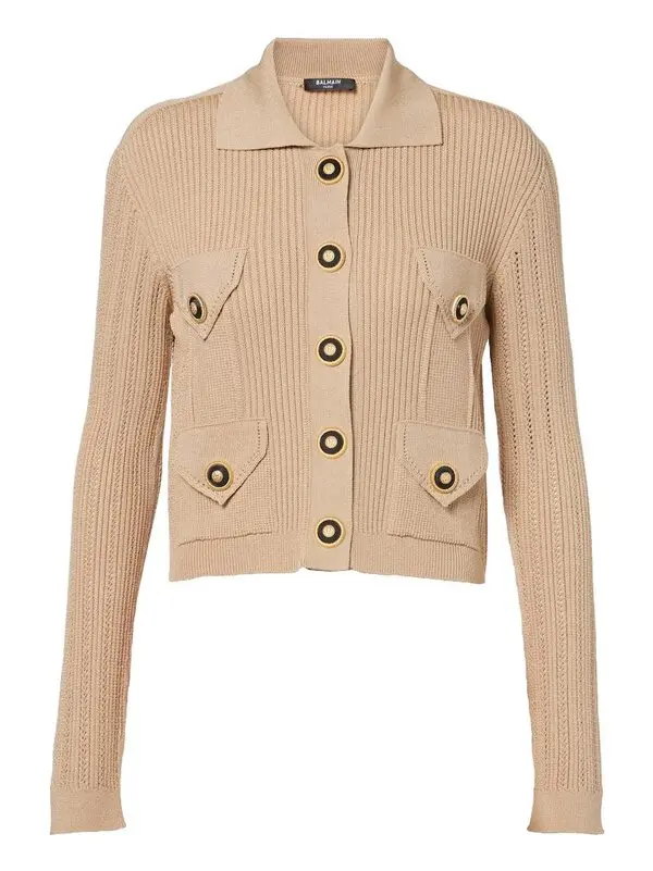 Balmain Ribbed-knit Cardigan With Snap-buttoned Fastenings - Beige