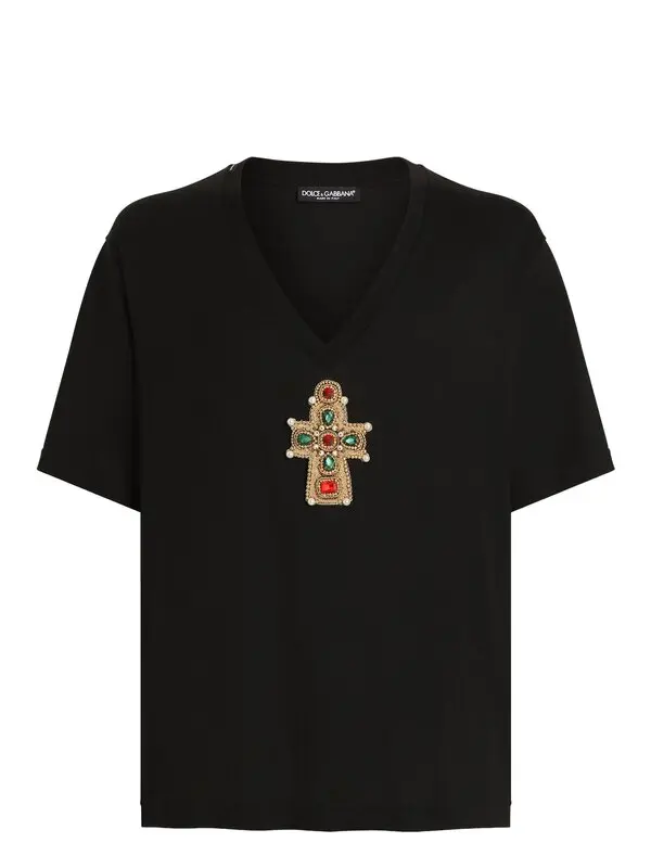 Dolce & Gabbana Cotton V-neck T-shirt With Patch - Black