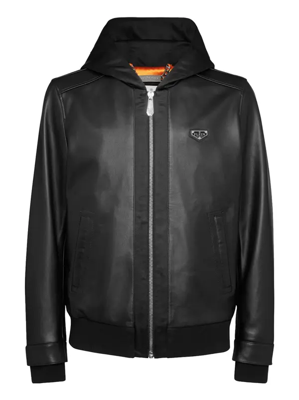 Philipp Plein Leather Hooded Bomber Jacket - Black